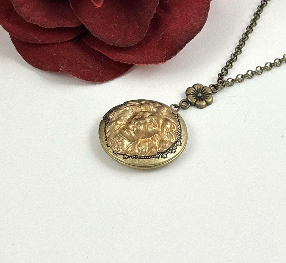 Necklace Pendant Lion Head Vintage Brass Locket Leo Lion Jewelry ...