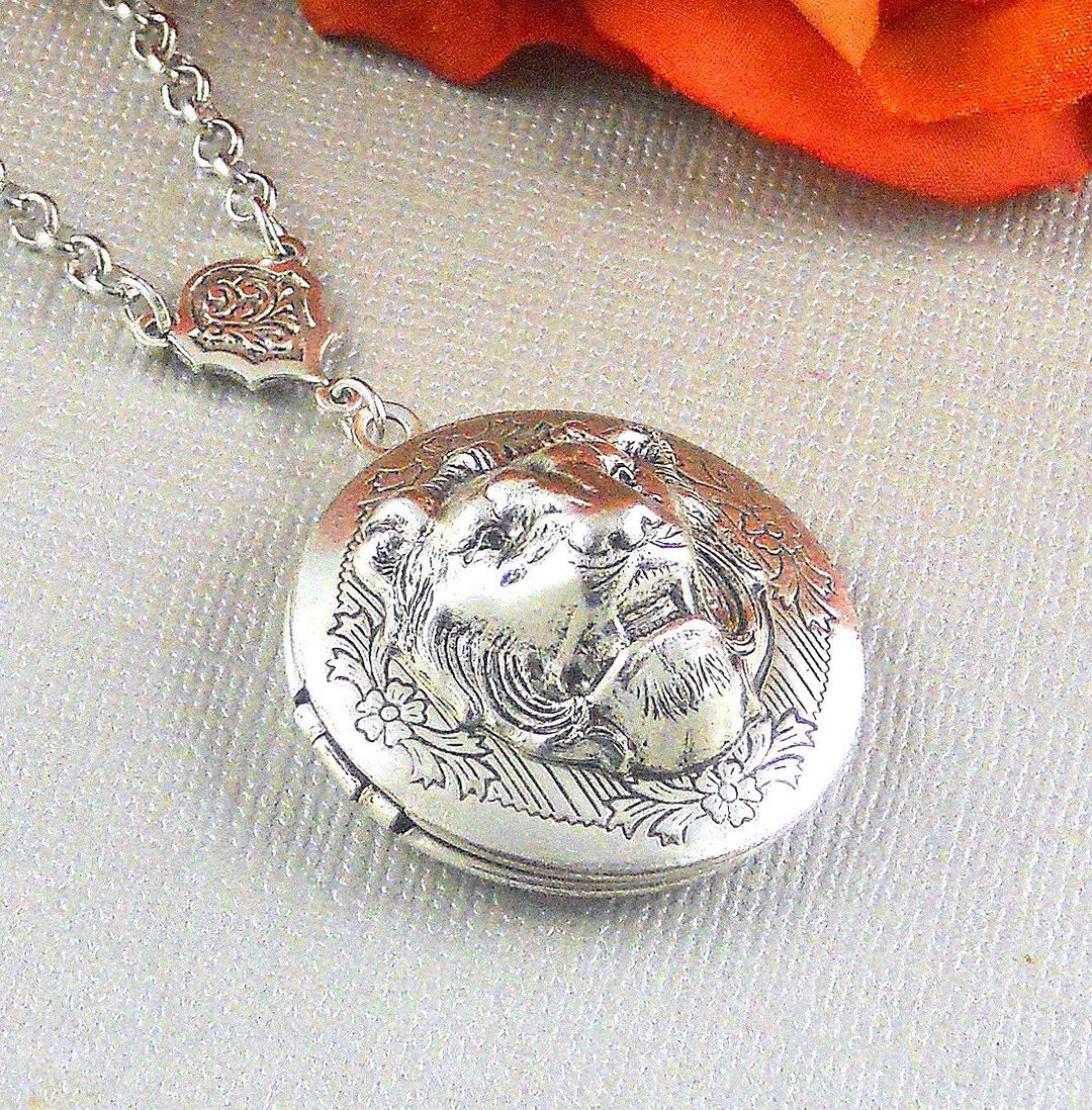Jewelry Lion Necklace Lion Head Locket Necklace Antiqued Silver Locket ...