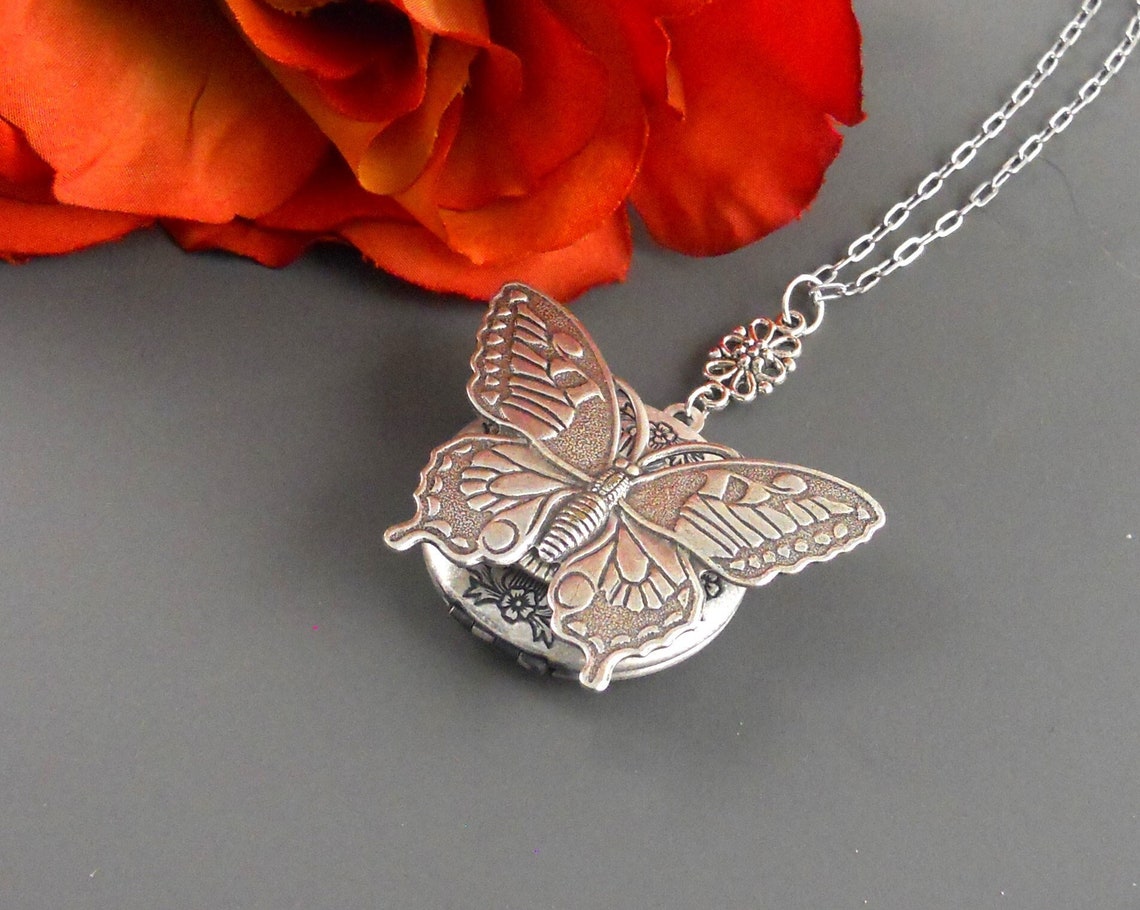Silver Butterfly Locket Butterfly Necklace Butterfly - Etsy