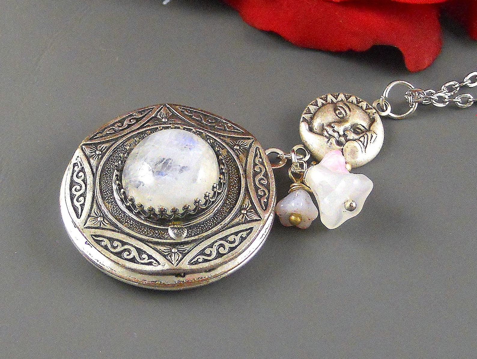 Moonstoneopallocketantique Silver Moon Locketsilver - Etsy