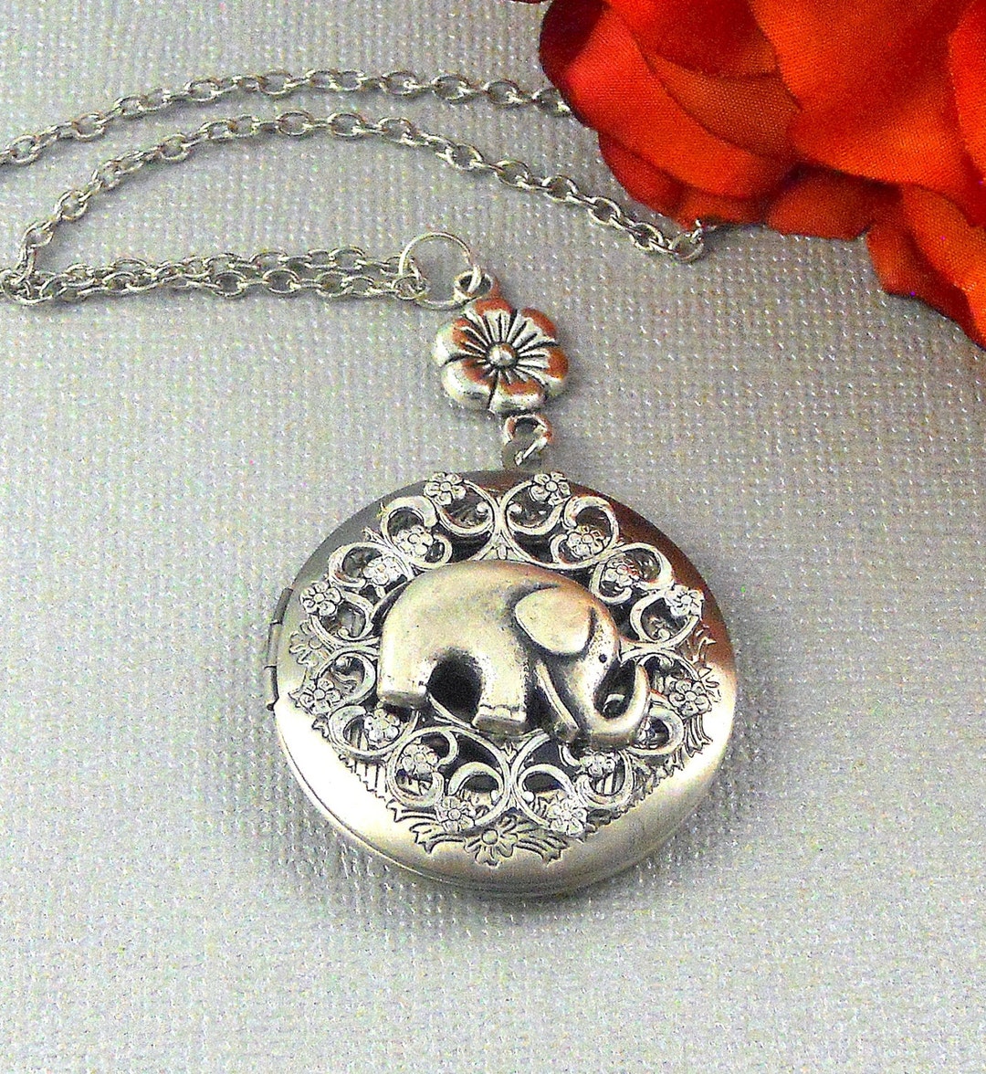 Elephant Locket Necklace Silver Locket Jewelry Women's Locket ...