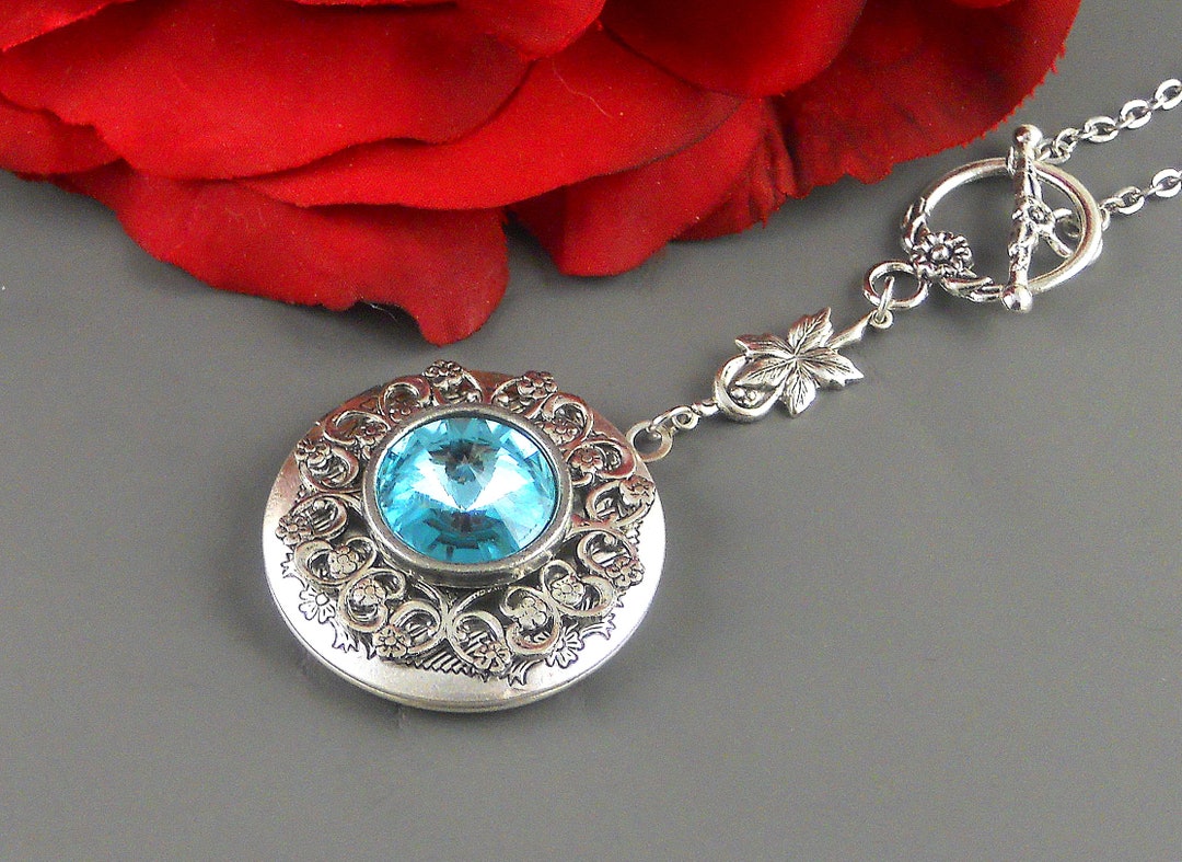 Personalized Photo Aqua Antique Silver Locket Aquamarine Swarovski ...