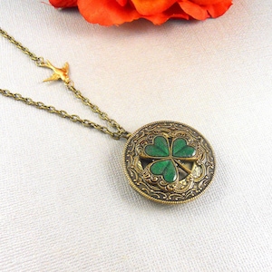 Emerald Shamrock Locket Necklace, Antique Gold Floral Filigree, Photo ...