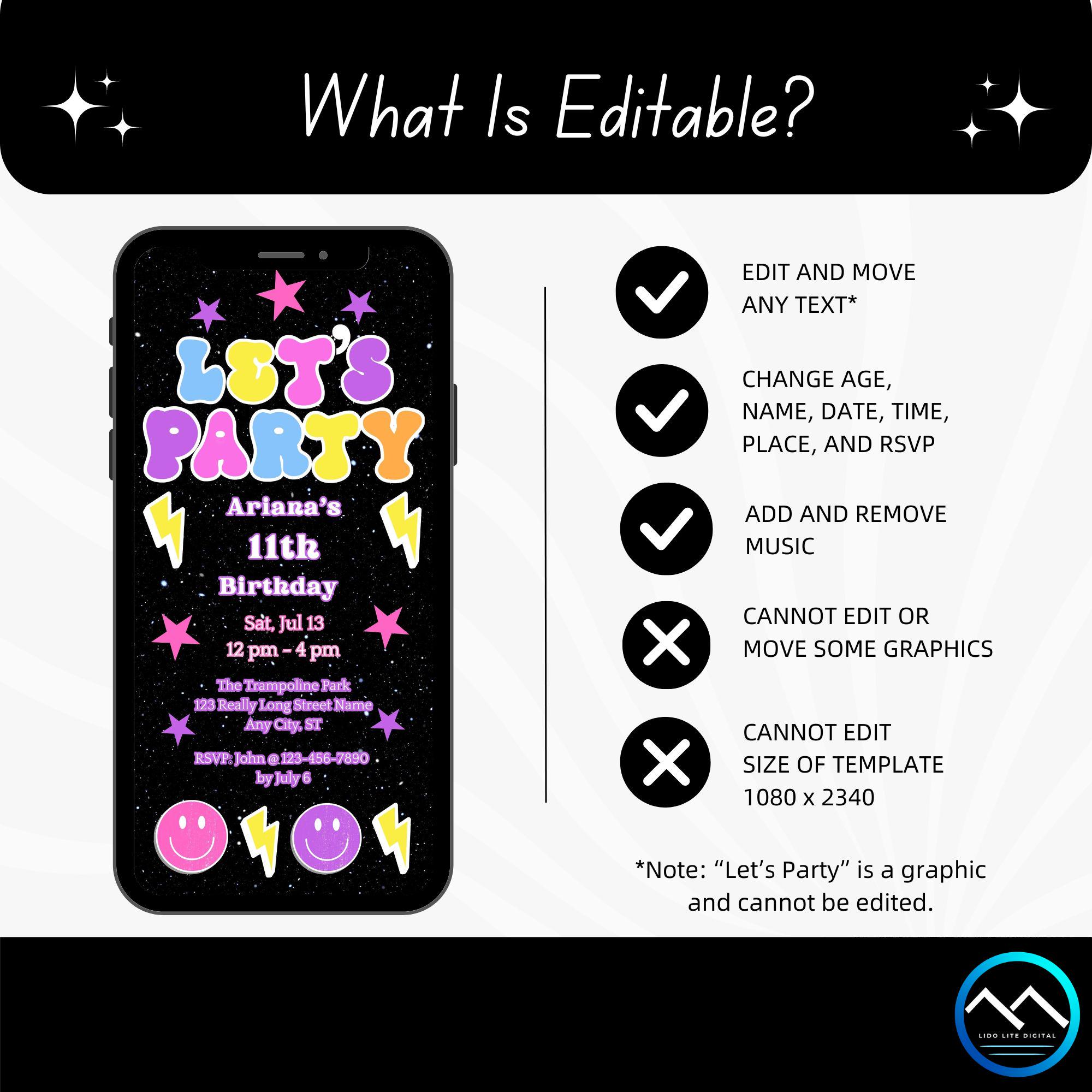 Preppy Let's Party Birthday Invitation, Editable Neon Smiley Birthday ...