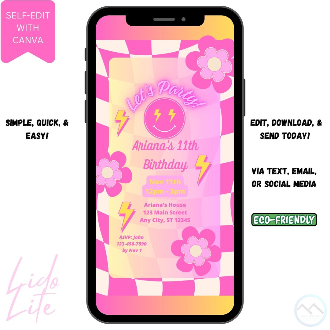 Preppy Pink Birthday Invitation, Editable Retro Smiley Birthday ...