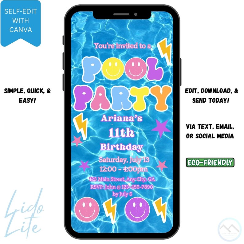Preppy Pool Party Birthday Invitation, Editable Retro Smiley Birthday ...