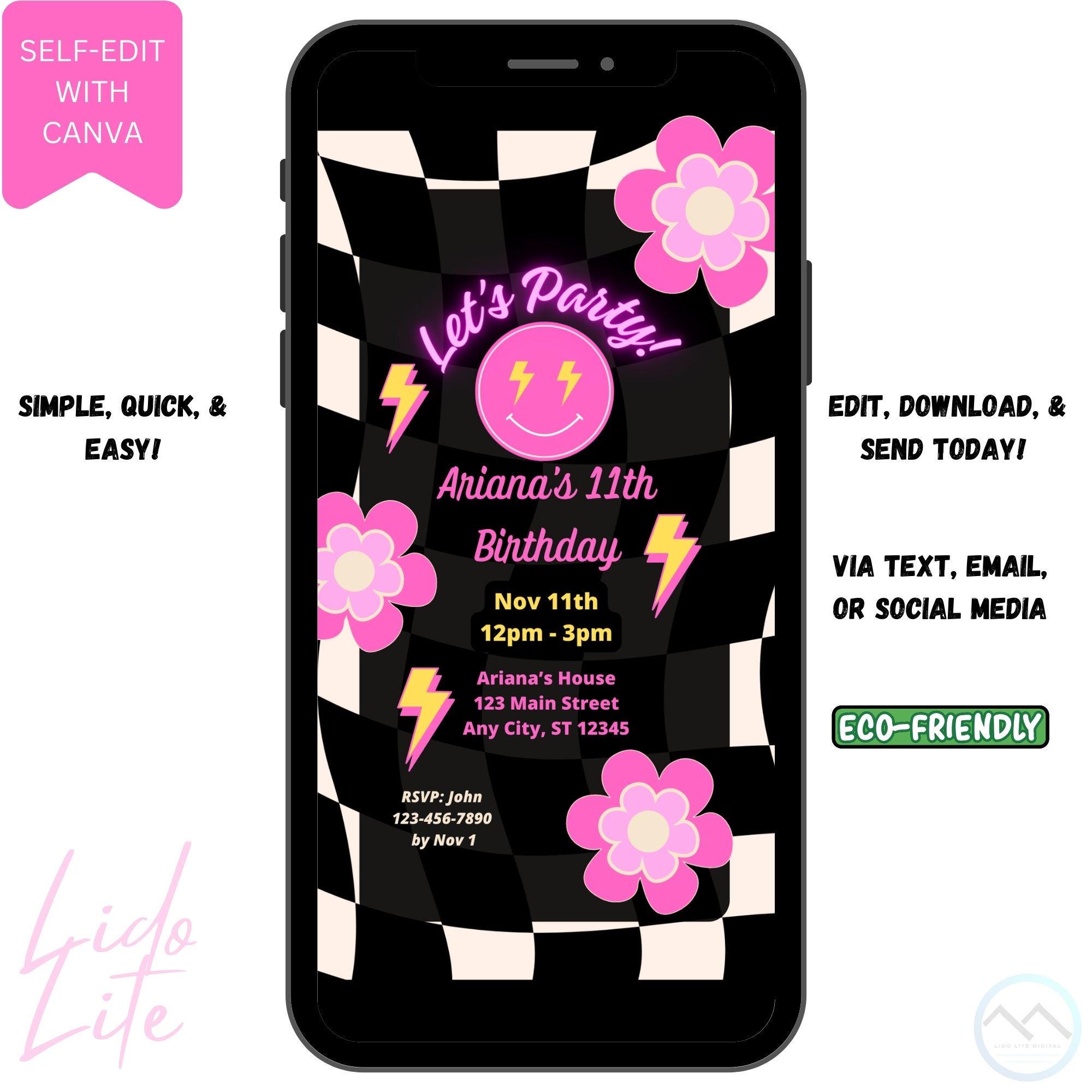 Preppy Black Pink Birthday Invitation, Editable Smiley Let's Party ...