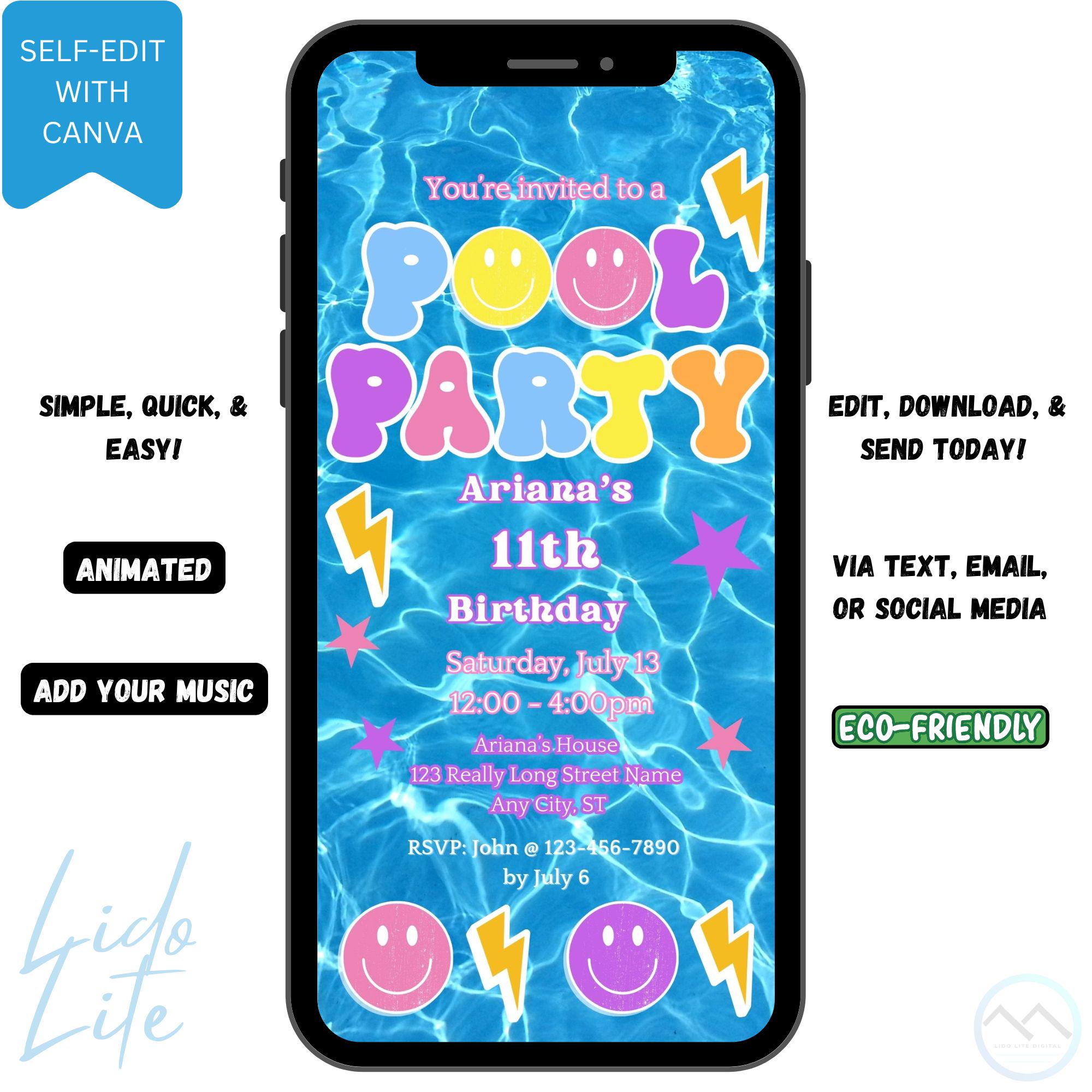 Preppy Pool Party Birthday Invitation, Editable Retro Smiley Birthday ...