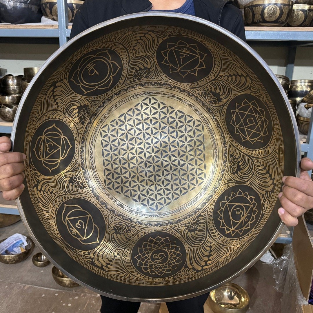 18 Inch Standing Singing Bowl Flower of Life 7 Chakra Symbol Etching ...