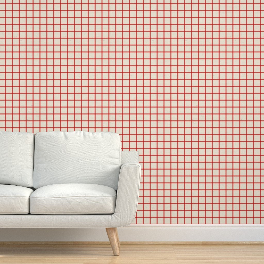 Red and Cream Checkered Windowpane Plaid Wallpaper in Peel and Stick or ...