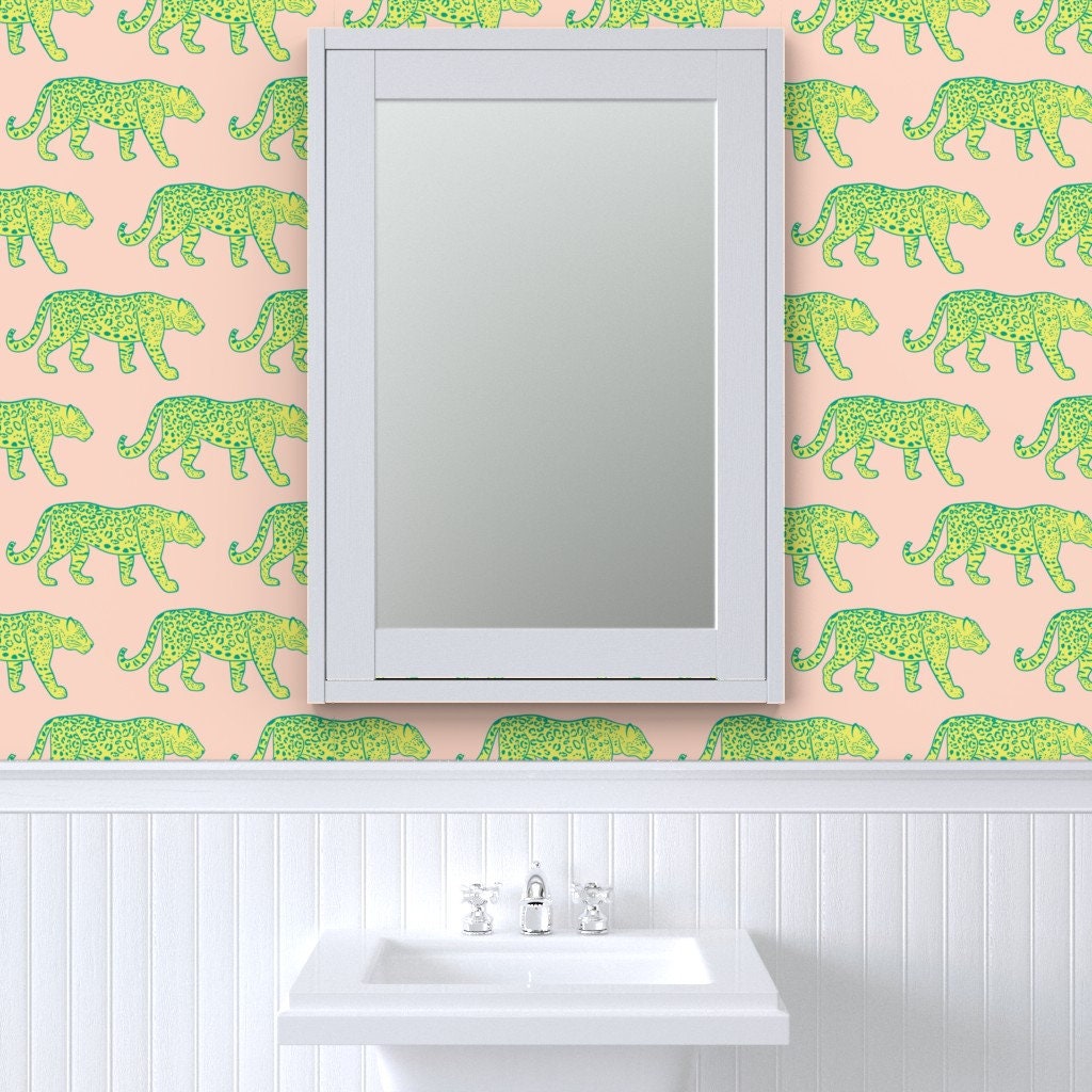 Jaguar Leopard Big Cat Neon Yellow and Teal on Peach Wallpaper in Peel ...