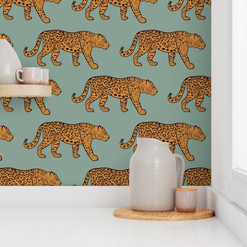 Jaguar Leopard Golden Orange Black on Sage Green Wallpaper in Peel and ...
