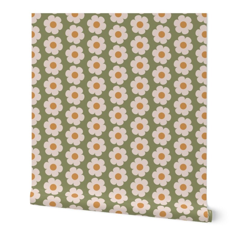Retro 70s Daisies Green Wallpaper in Peel and Stick or Prepasted ...