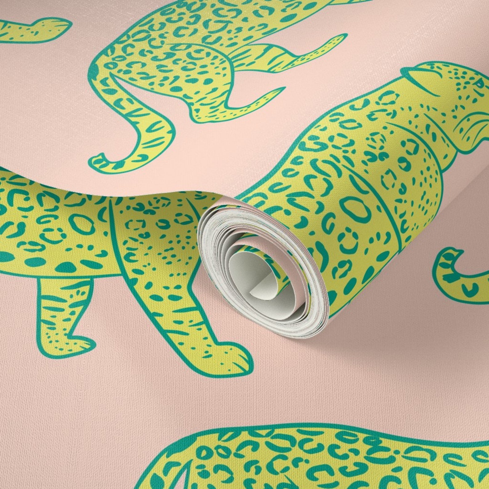 Jaguar Leopard Big Cat Neon Yellow and Teal on Peach Wallpaper in Peel ...