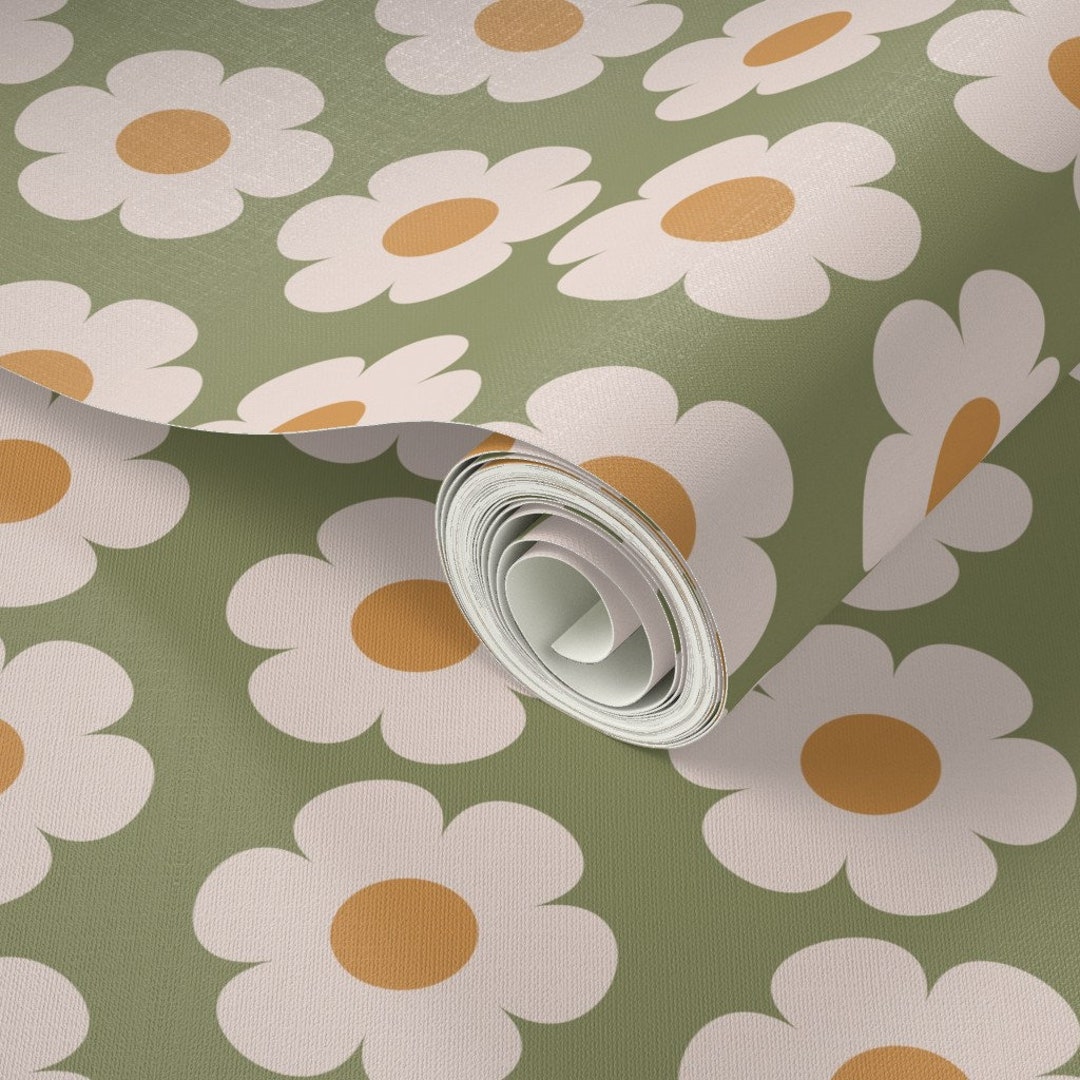 Retro 70s Daisies Green Wallpaper in Peel and Stick or Prepasted ...