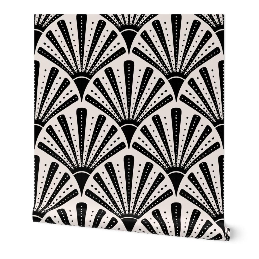 Retro Art Deco Shell Fan Black and Light Beige Peel and Stick Wallpaper ...