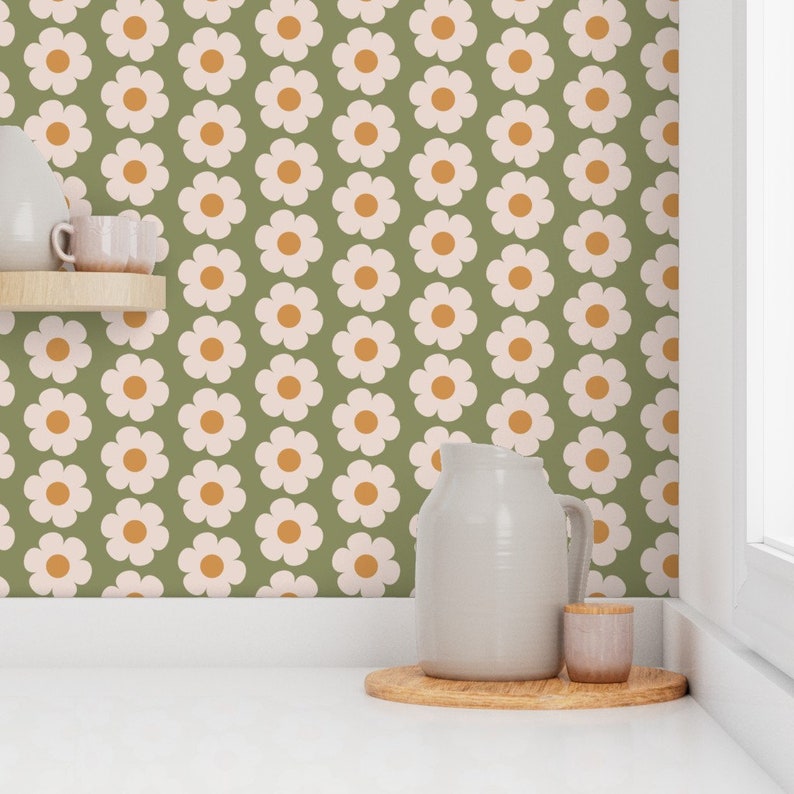 Retro 70s Daisies Green Wallpaper in Peel and Stick or Prepasted ...
