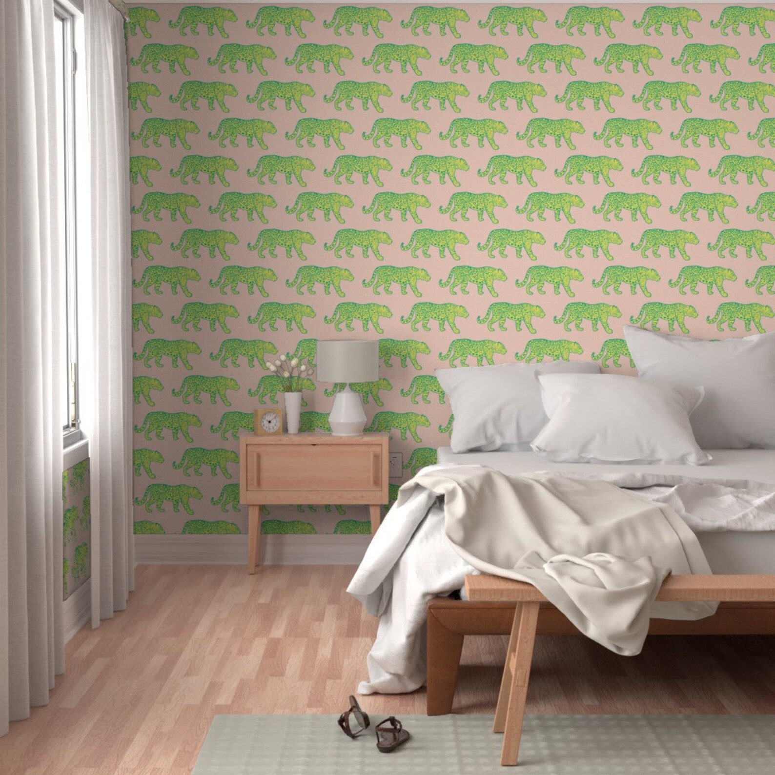 Jaguar Leopard Big Cat Neon Yellow and Teal on Peach Wallpaper in Peel ...