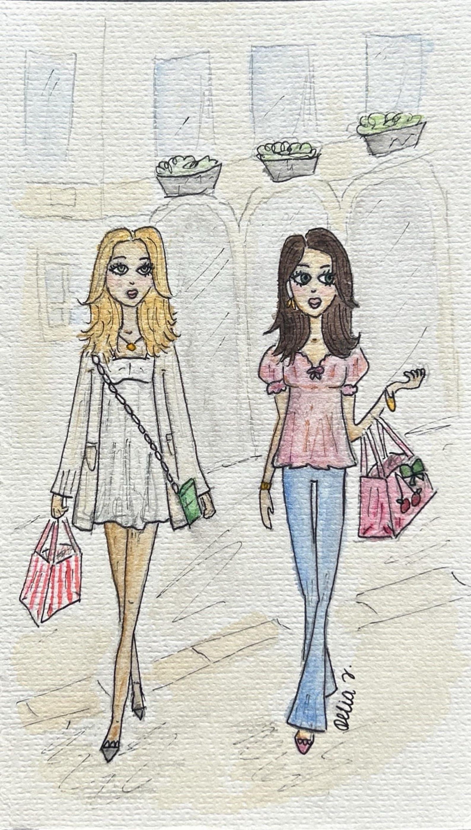 Chic Fashion Girls Watercolor Art Print: Girly Shopping Day ...