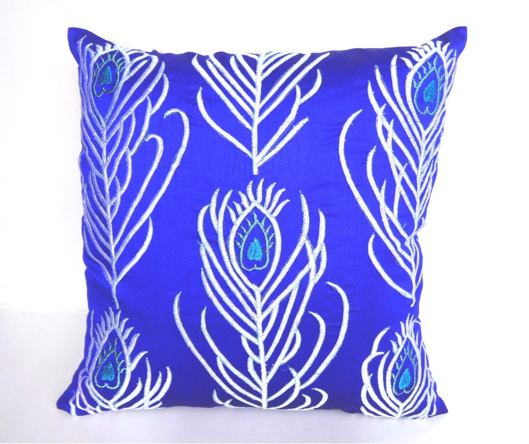 Cobalt Blue Peacock Pillow Cover Bright Blue Peacock Feather Pillow ...