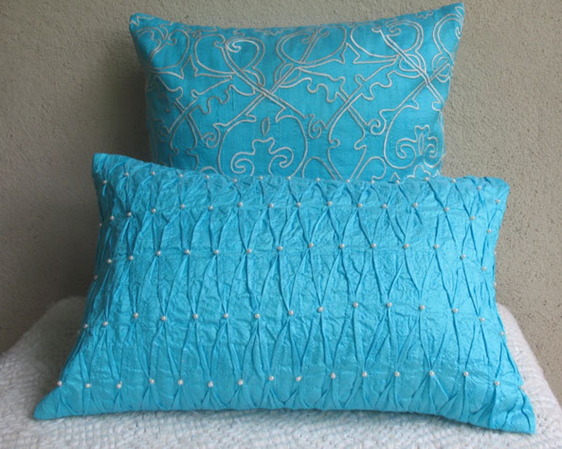 Turquoise Blue Pintuck Pillow Blue Pleted Silk Pillow. Lumbar - Etsy