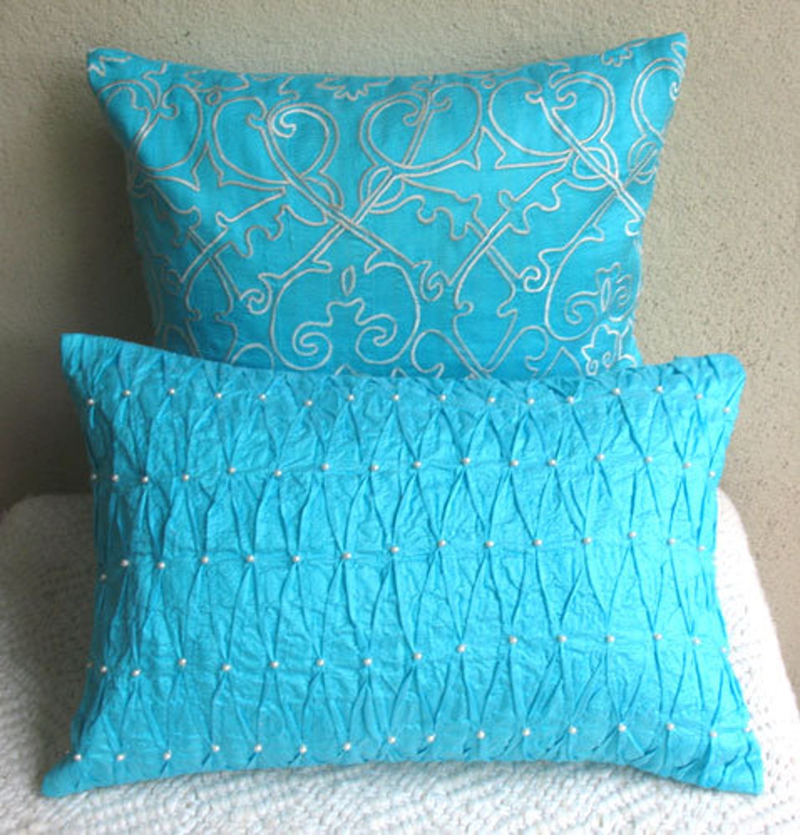 Turquoise Blue Pintuck Pillow Blue Pleted Silk Pillow. Lumbar - Etsy