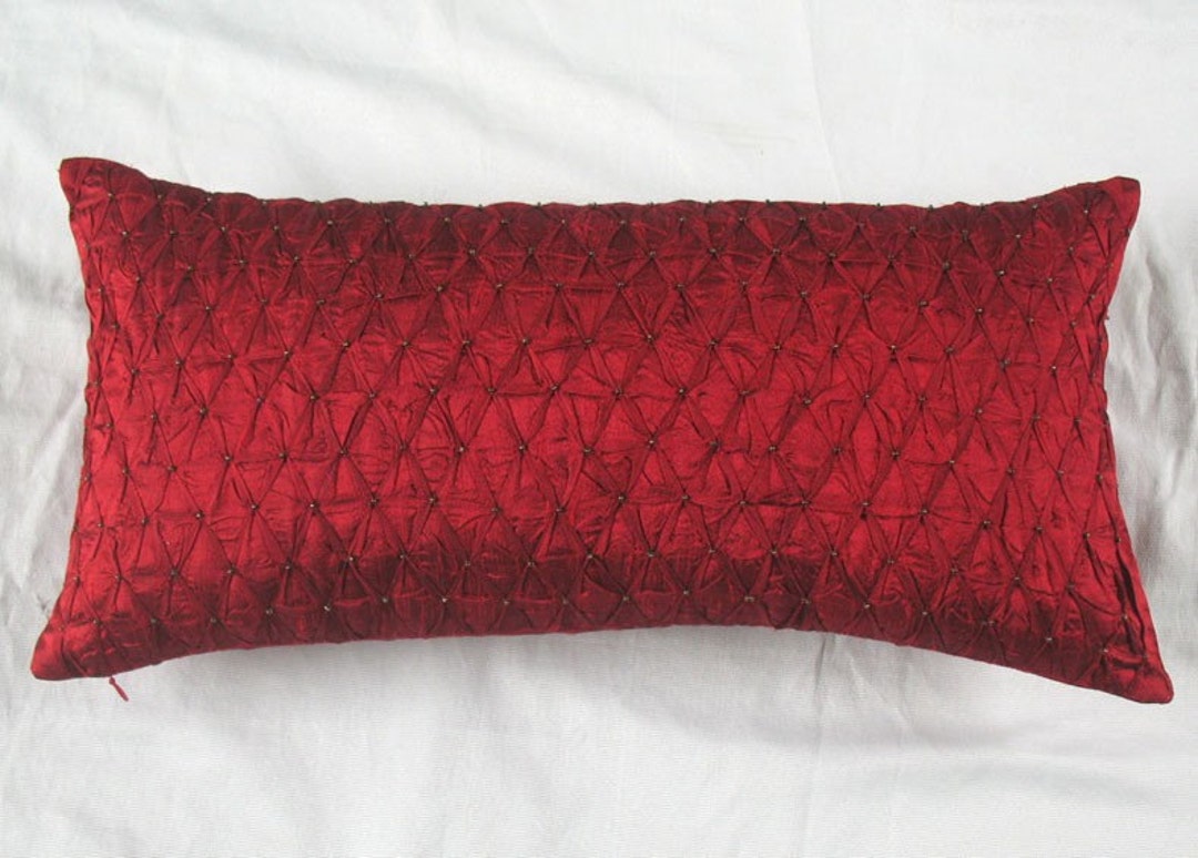 Dark Red Silk Oblong Throw Pillow. Decorative Pleated Pillow With ...