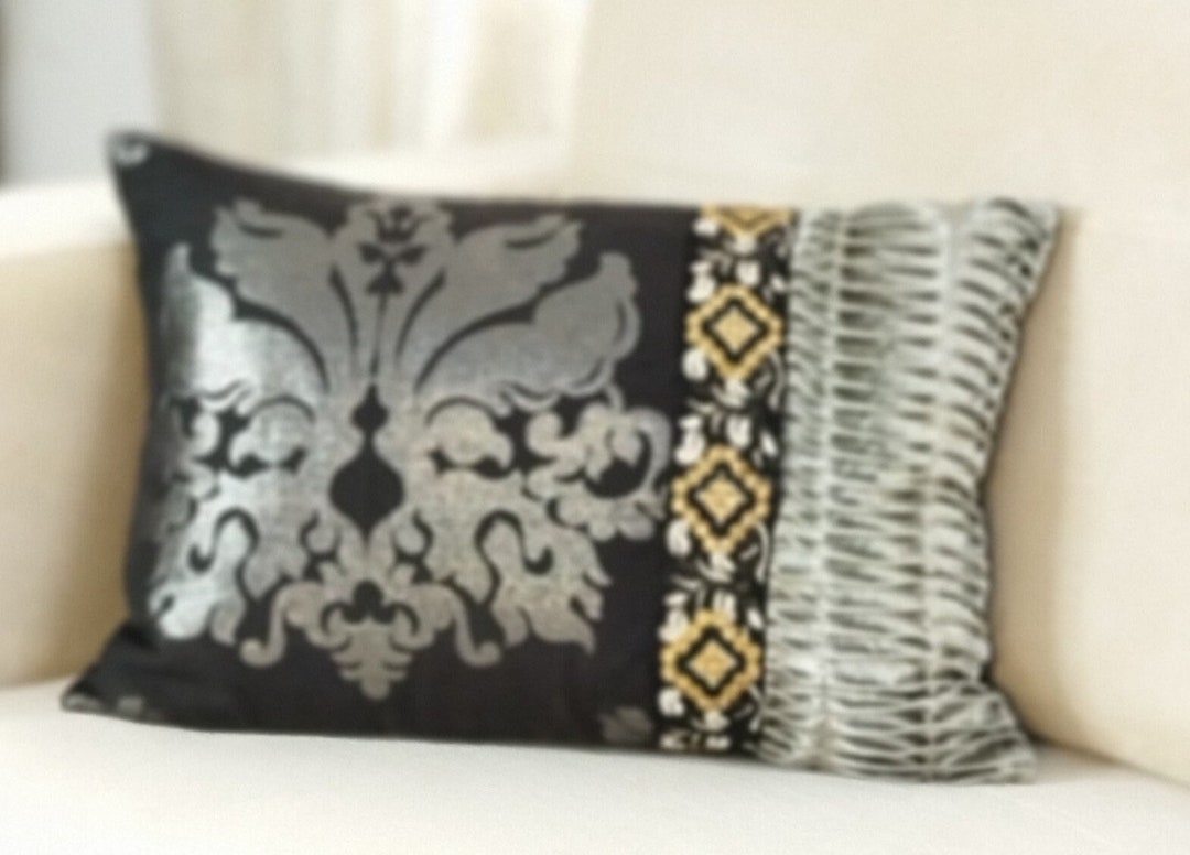 Black and Silver Dhamaz Pillow Cover. Decorative Oblong Cushion. Lovely ...