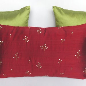 Deep Red Dupioni Silk Pillow Cover, Floral Embroidered Cushion Cover ...