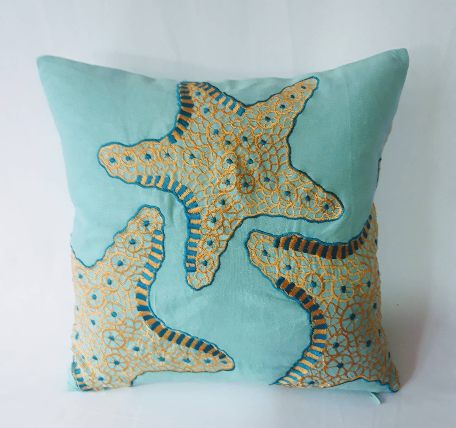 Aqua Blue Starfish Pillow. With Yellow and Blue Starfish | Etsy