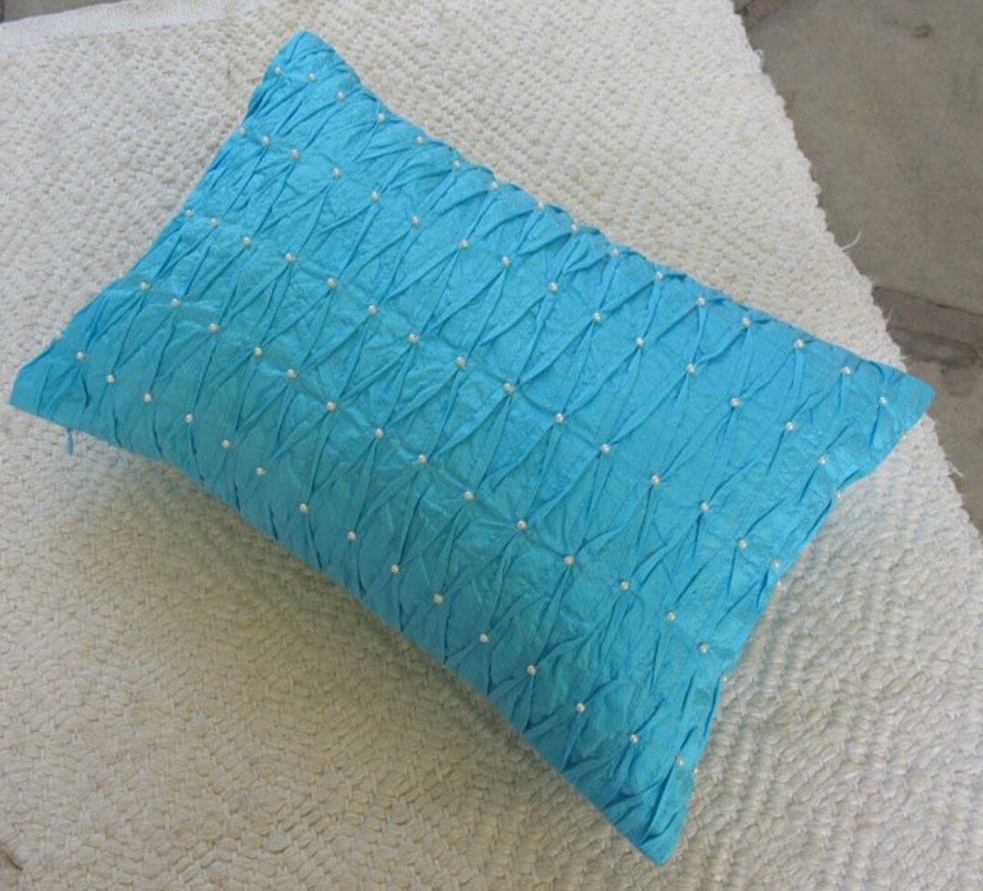 Turquoise Blue Pintuck Pillow, Blue Pleted Silk Pillow. Lumbar Pillow ...