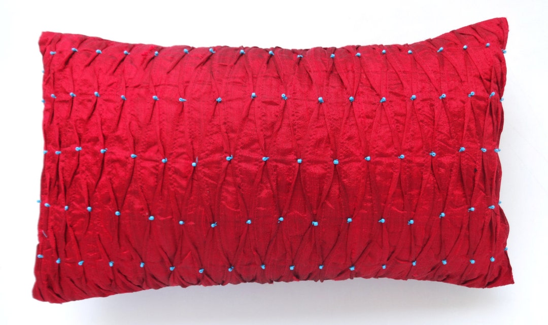 Bright Red Silk Oblong Throw Pillow With Pintucks and Beadwork. Pleted ...