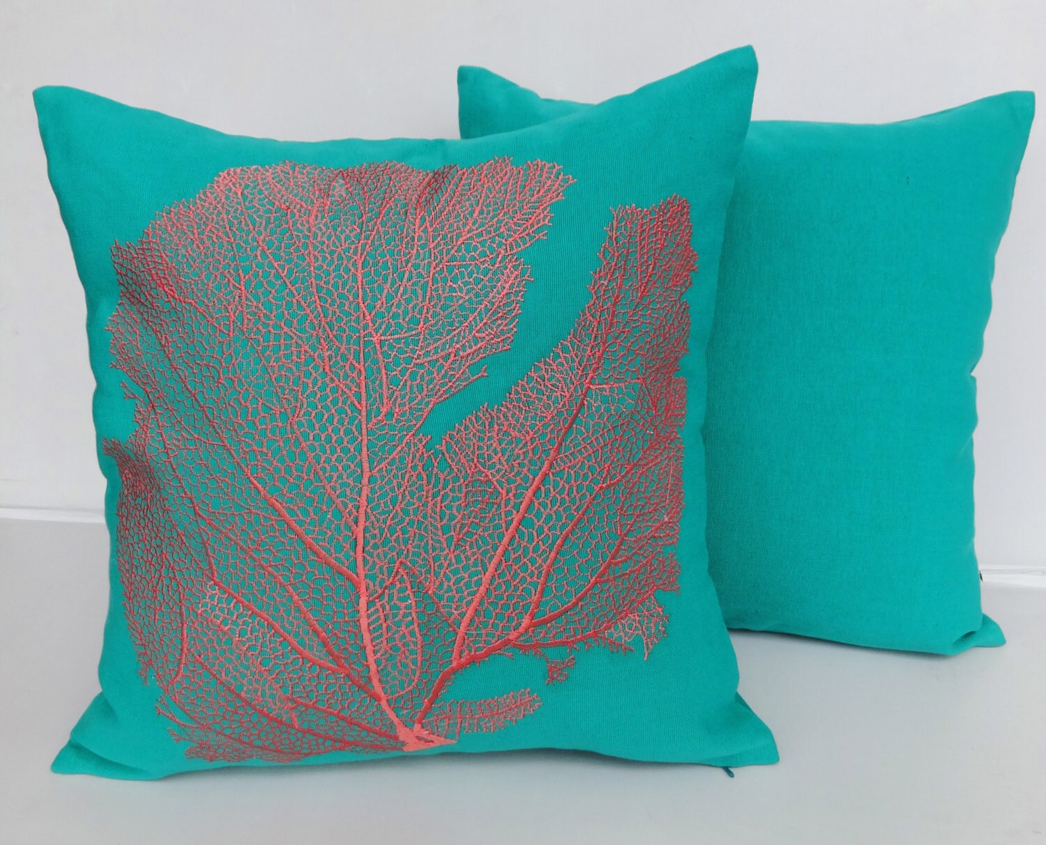 Coral Fan Pillow. Coral Pink on Mint Green Branch Decor Sea - Etsy