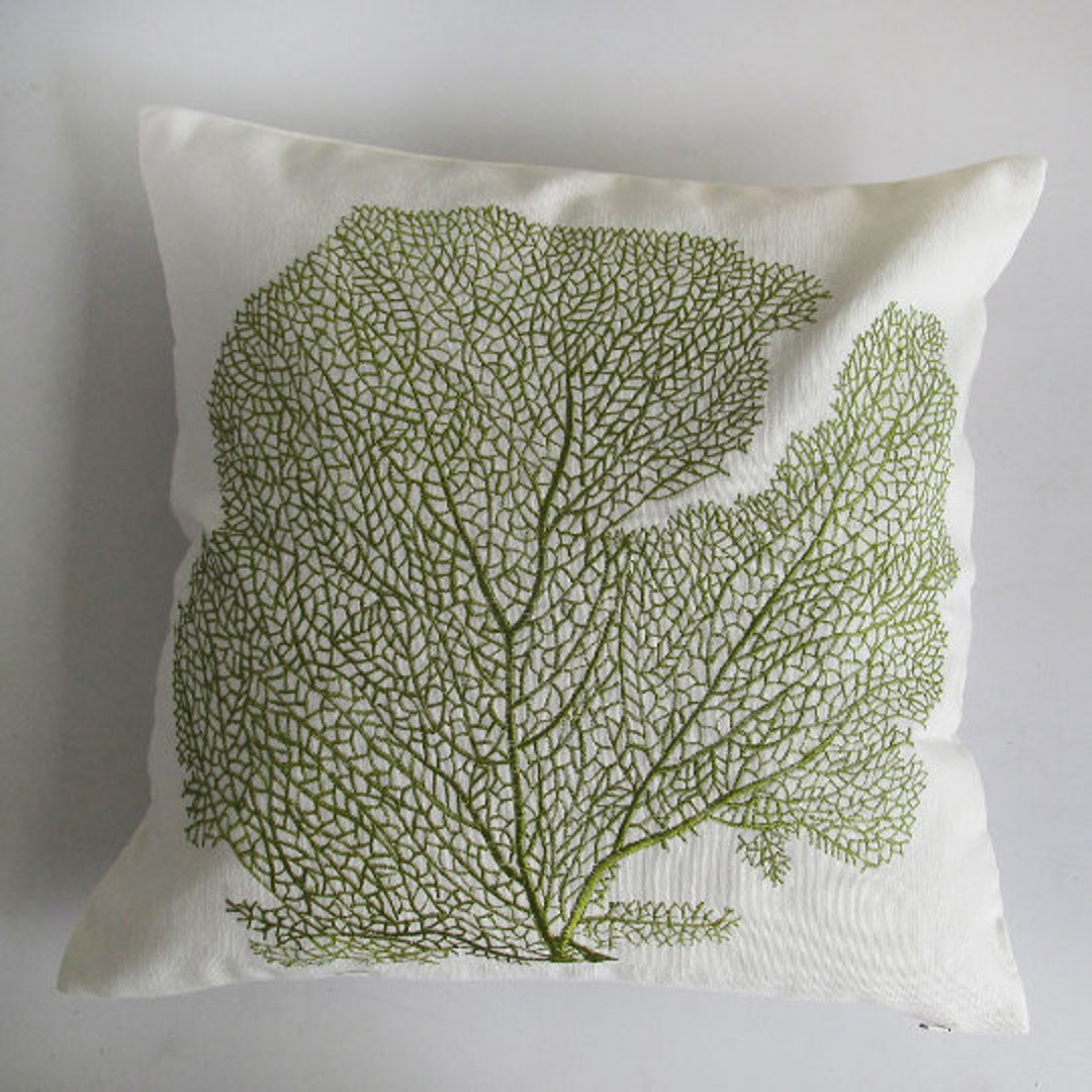 Olive Green Coral Fan Pillow Cover, Sea Themed Pillow, Embroidered ...