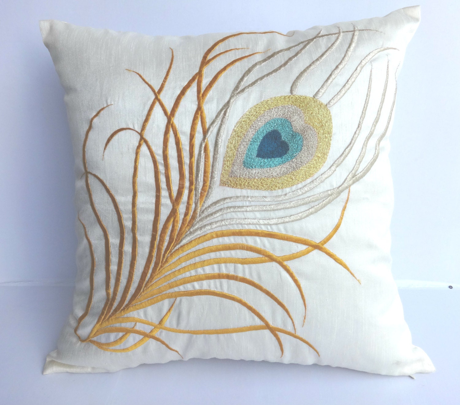 Ivory Peacock Pillow. Decorative Peacock Feather Pillow Cover. Gold ...