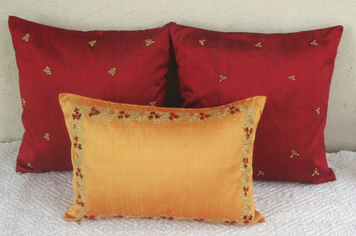 Red Silk Cushion Cover With Vintage Style Floral - Etsy