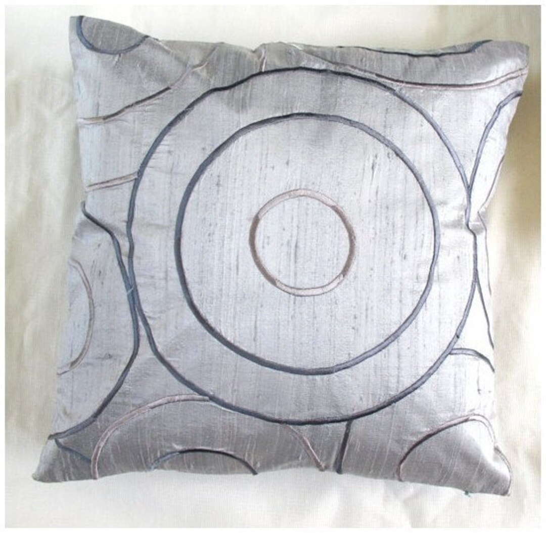 Embroidered Gray Silk Throw Pillow With Retro Circle Design16 Inch ...