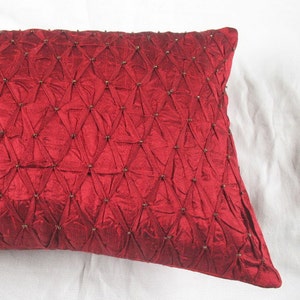 Dark Red Silk Oblong Throw Pillow. Decorative Pleated Pillow With ...