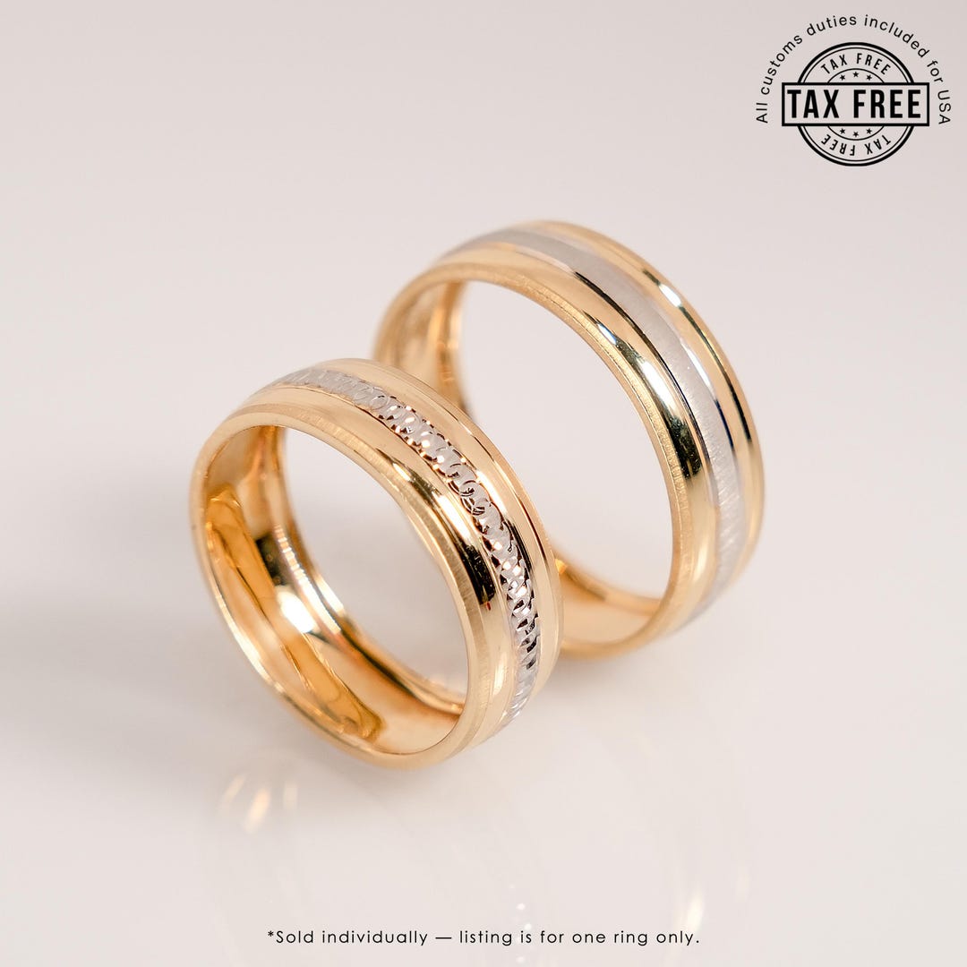 Two Tone Solid Gold Wedding Band • 6mm Classic Ring Set - Etsy