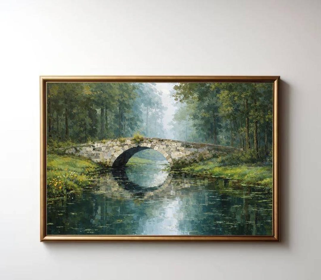 Stone Bridge Forest Landscape Wall Art, Vintage Nature Oil Painting ...