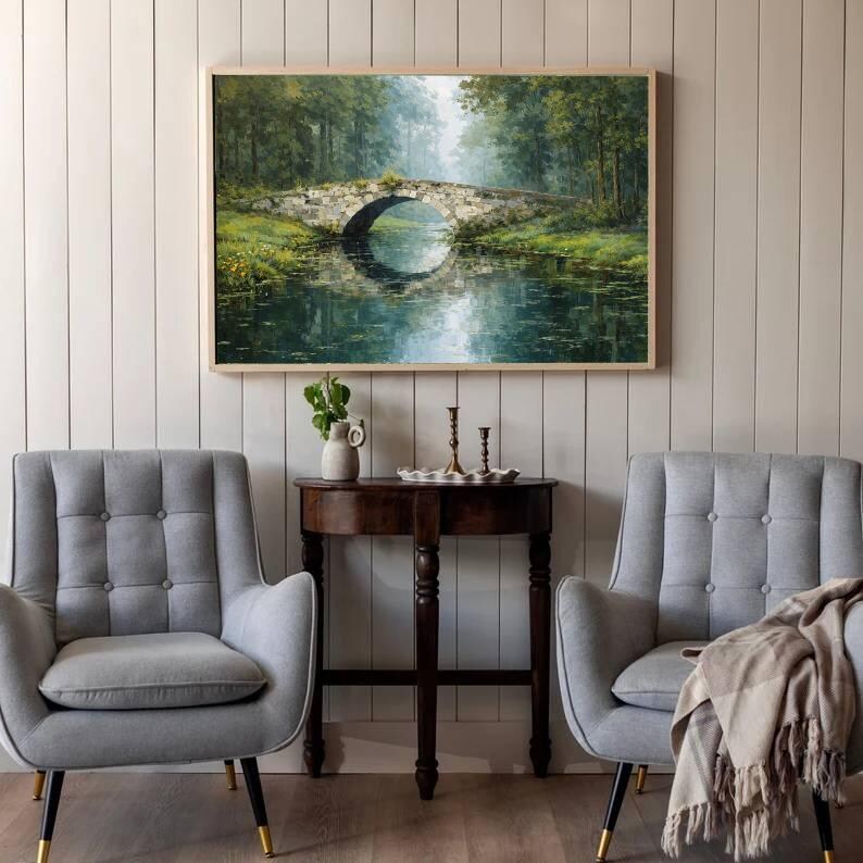 Stone Bridge Forest Landscape Wall Art, Vintage Nature Oil Painting ...