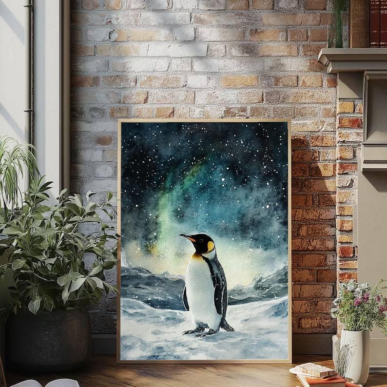 Penguin Aurora Watercolor Wall Art, Emperor Penguin Night Sky Painting ...