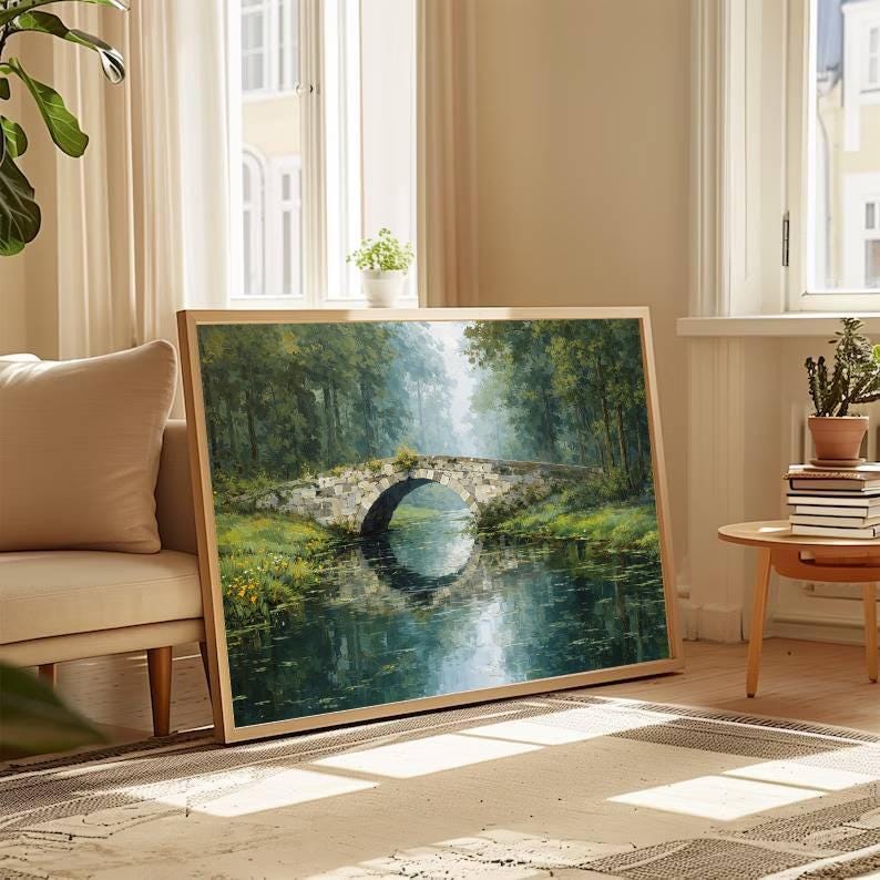 Stone Bridge Forest Landscape Wall Art, Vintage Nature Oil Painting ...