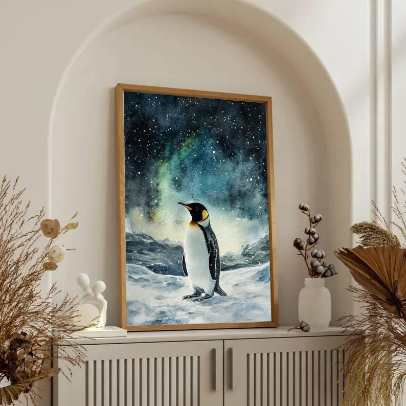 Penguin Aurora Watercolor Wall Art, Emperor Penguin Night Sky Painting ...