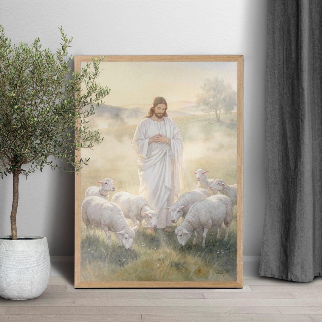 Jesus & Sheep Wall Art - Large Framed Minimalist Christian Canvas ...