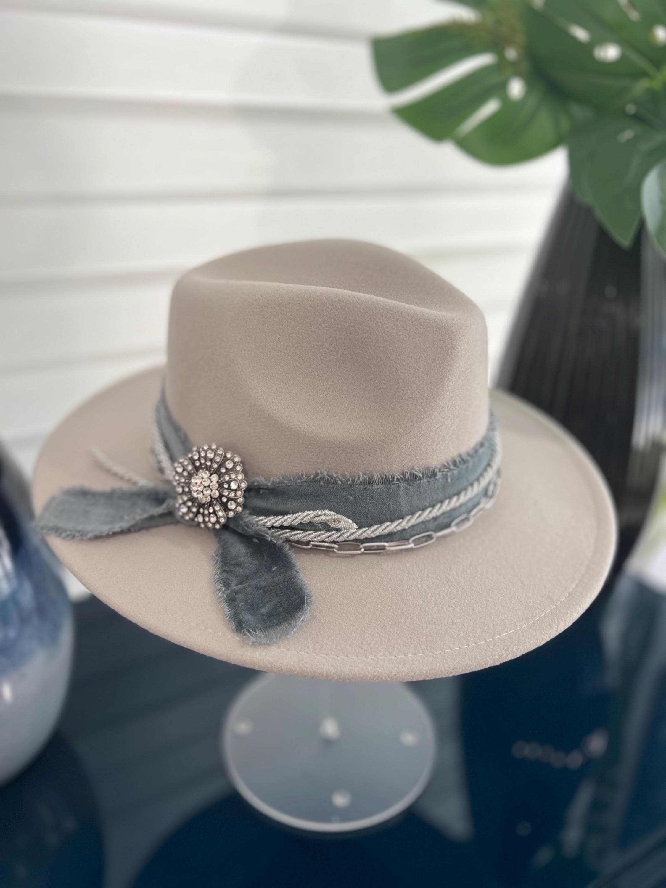 Adjustable Custom Made Hat, Fedora Hat W/ Feathers, Rhinestone Pendant ...