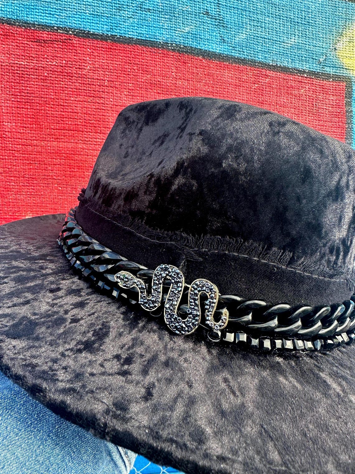 Adjustable Handmade Black Velvet Fedora Custom Hat. With Black Snake ...