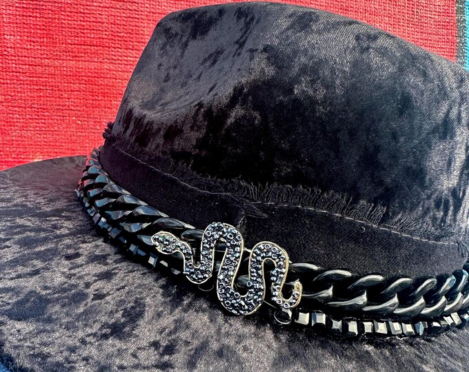 Adjustable Handmade Black Velvet Fedora Custom Hat. With Black Snake ...