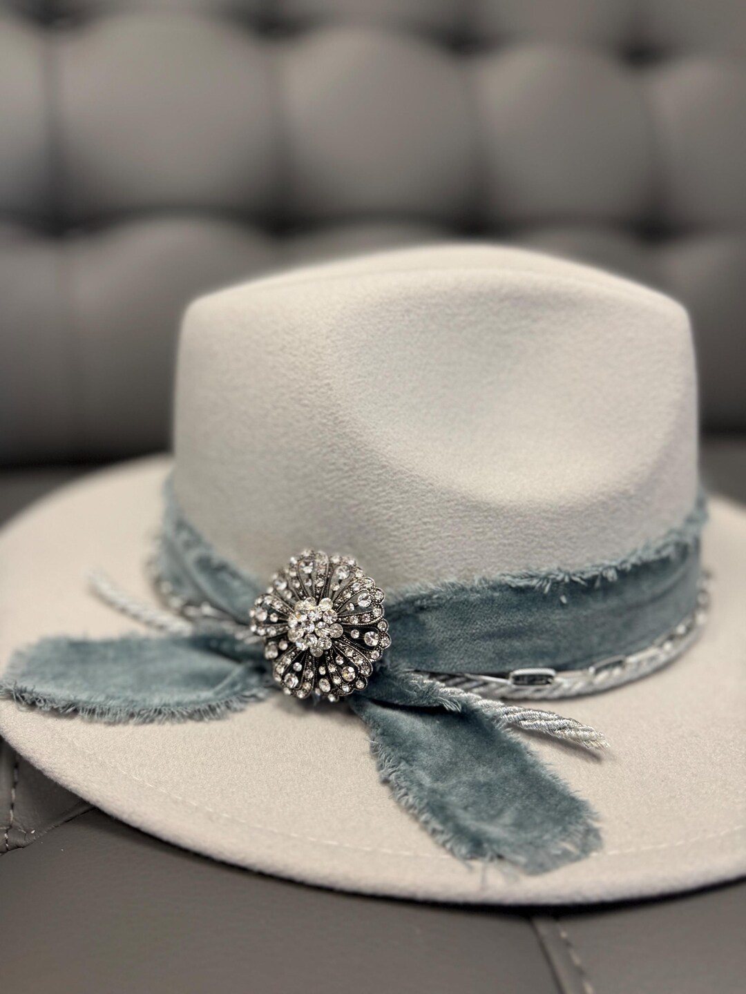 Adjustable Custom Made Hat, Fedora Hat W/ Feathers, Rhinestone Pendant ...