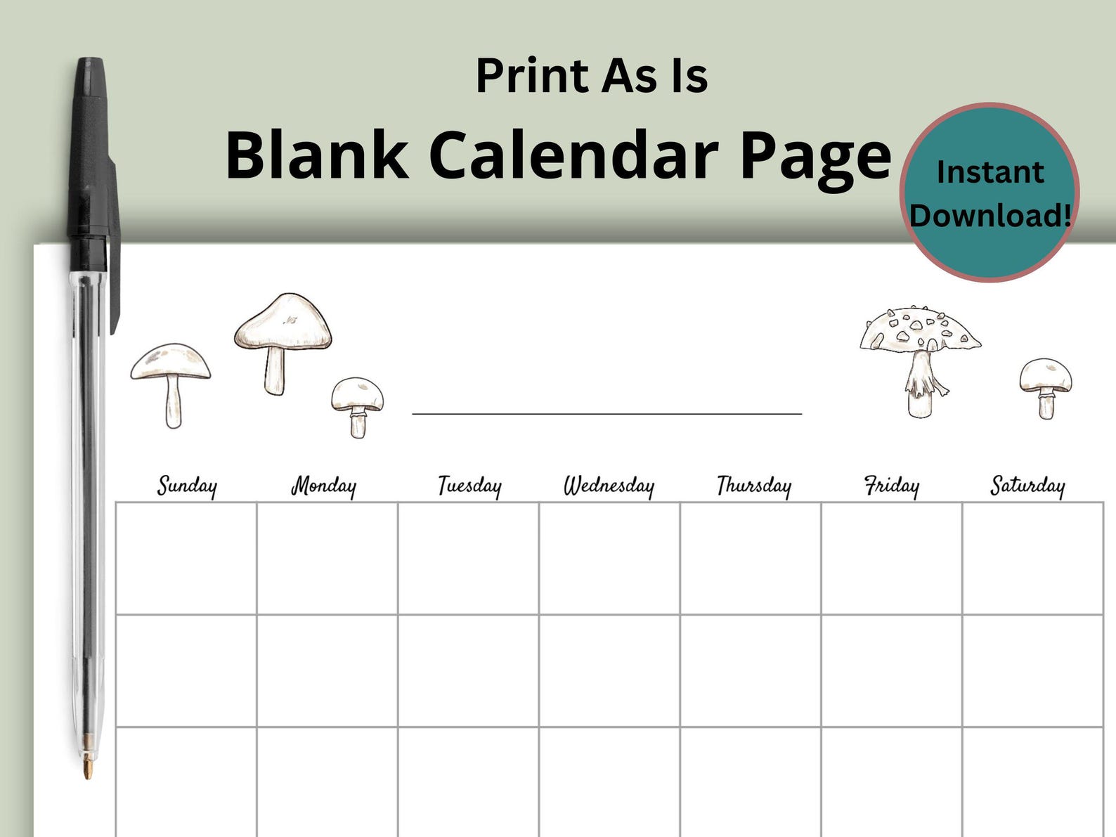 Printable Blank Calendar Page- Instant Download - Print as is Calendar ...
